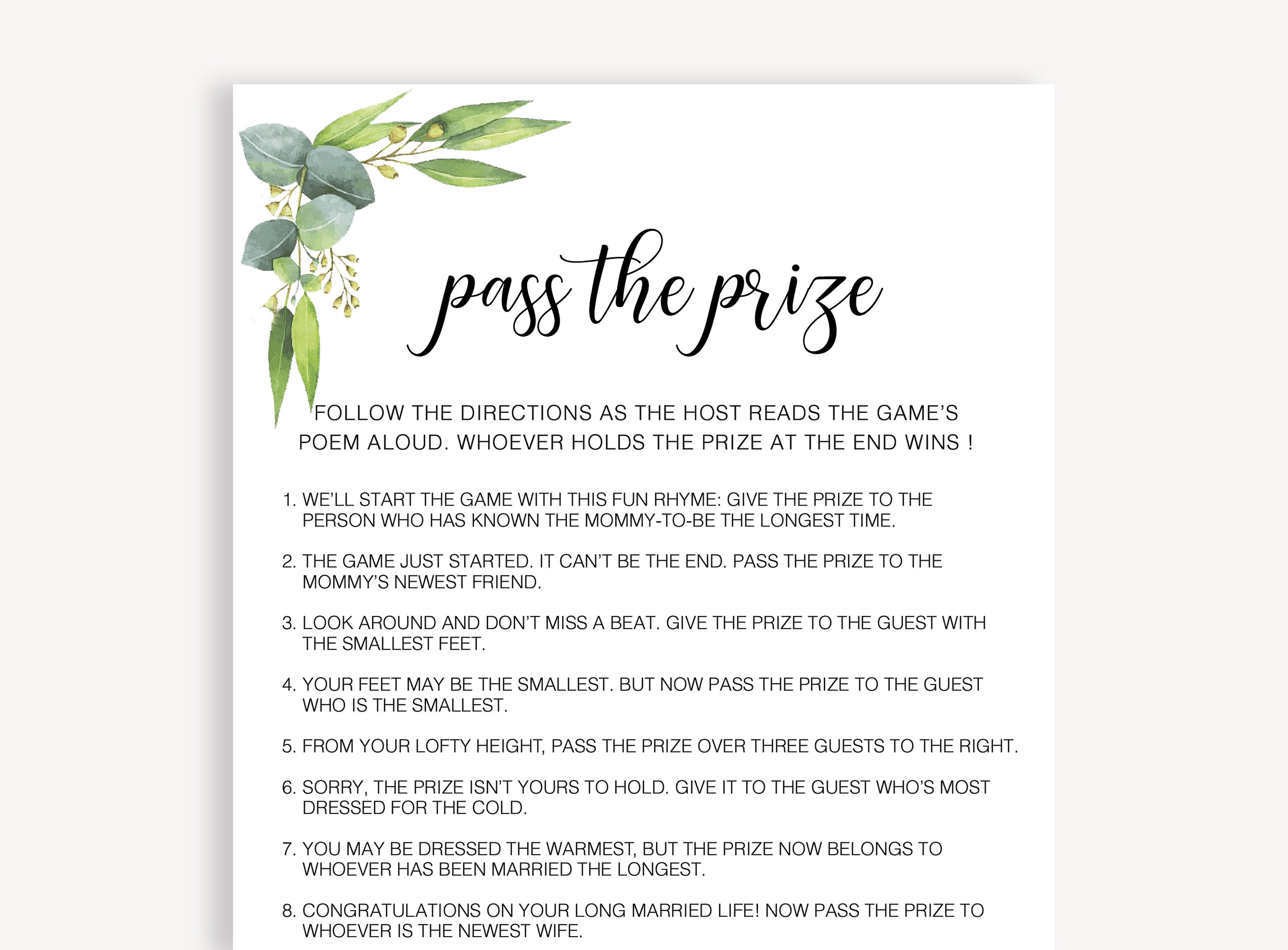Pass the Prize Game Printable Baby Shower Games Pass the - Etsy