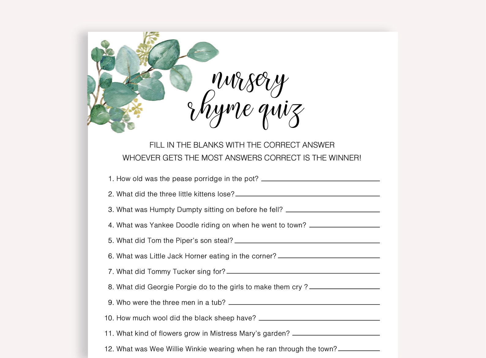 Printable Nursery Rhyme Baby Shower Game, Nursery Rhyme Quiz Game ...