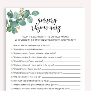 Printable Nursery Rhyme Baby Shower Game, Nursery Rhyme Quiz Game ...