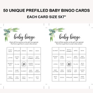 Prefilled Baby Bingo Game Cards, Baby Gift Bingo, 50 Unique Bingo Cards ...