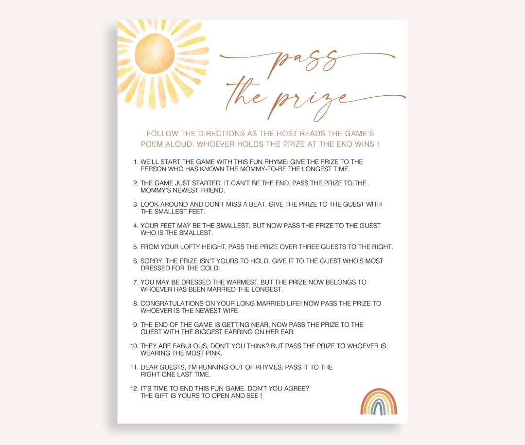 Sunshine Pass the Prize Poem Game, Boho Baby Shower Game, Pass the ...