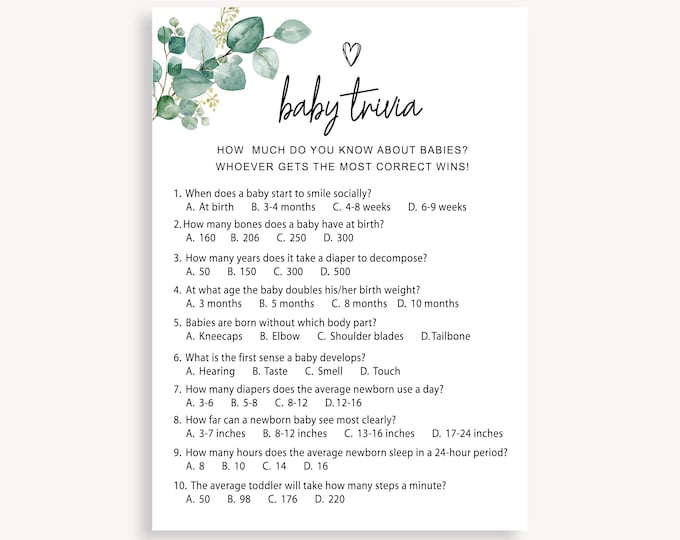 Baby Shower Trivia Game, Baby Trivia Game, Minimalist Baby Shower ...