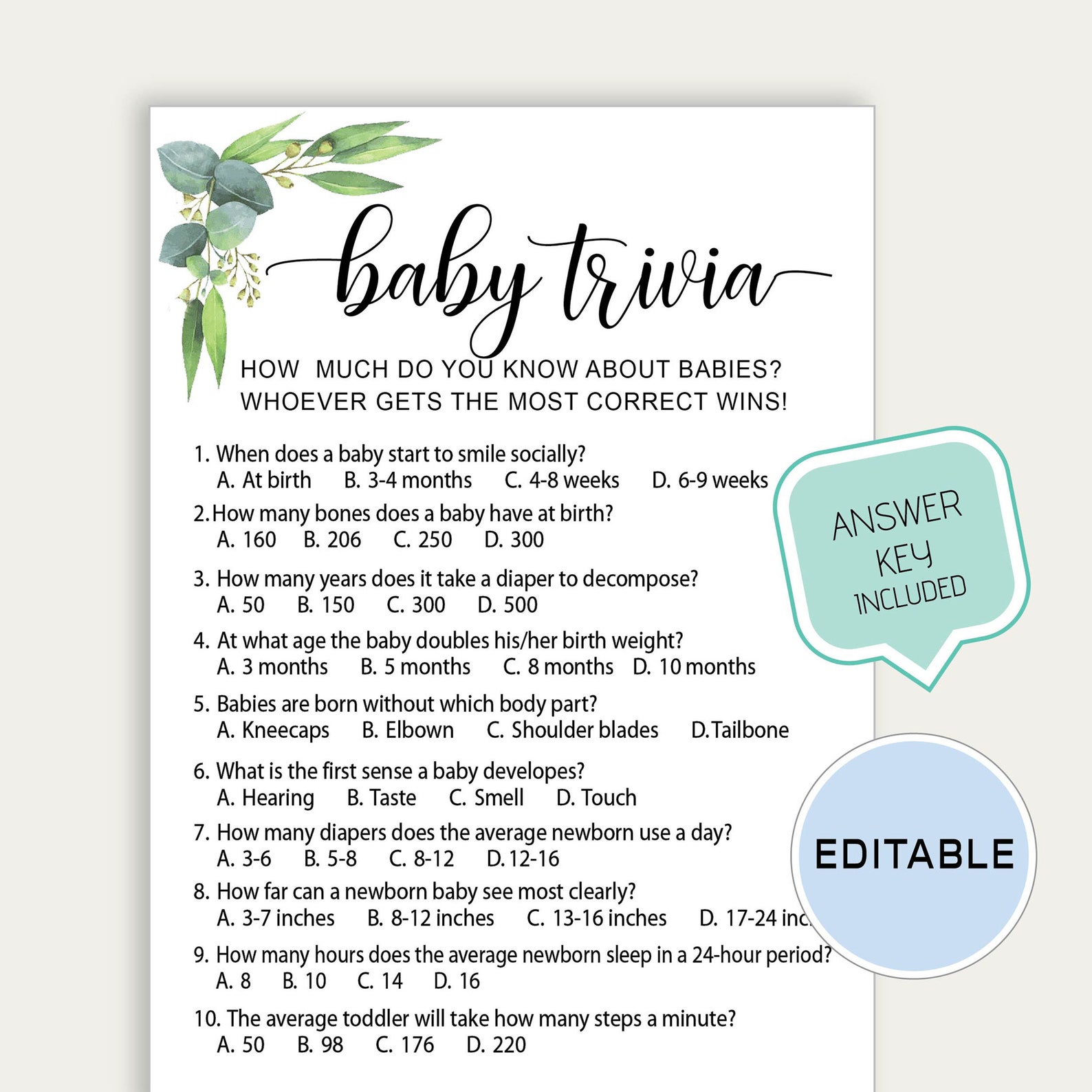 Editable Baby Trivia Game Baby Shower Trivia Game Printable - Etsy