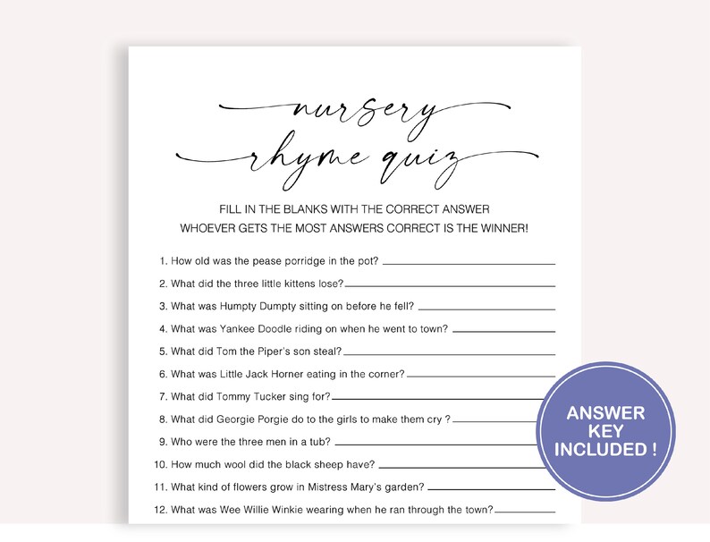 Nursery Rhyme Baby Shower Game, Minimalist Baby Shower Trivia Game ...