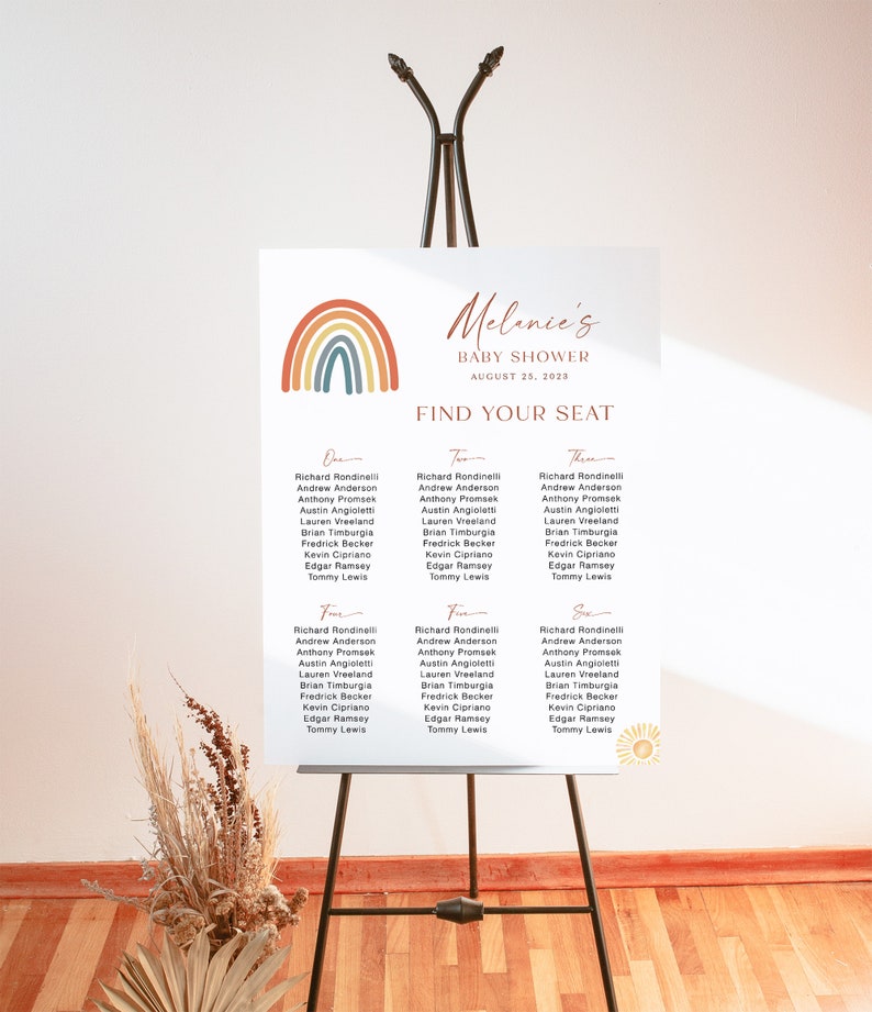 Sunny Baby Shower Alphabetical Seating Chart Sign, Rainbow Seating ...