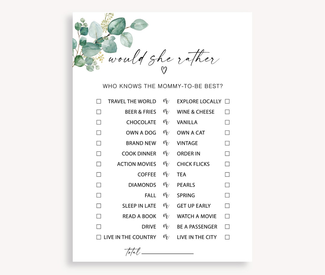 Gender Neutral Printable Baby Shower Game, Baby Shower Would She Rather ...