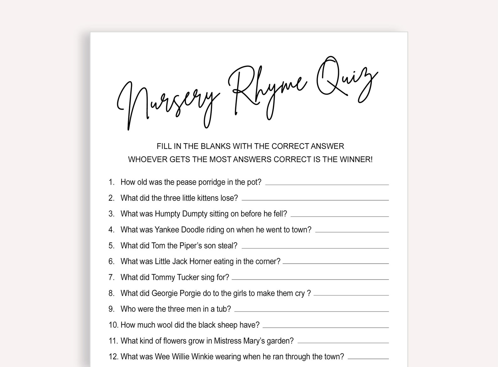 Nursery Rhyme Quiz Baby Shower Game Nursery Rhyme Guessing - Etsy