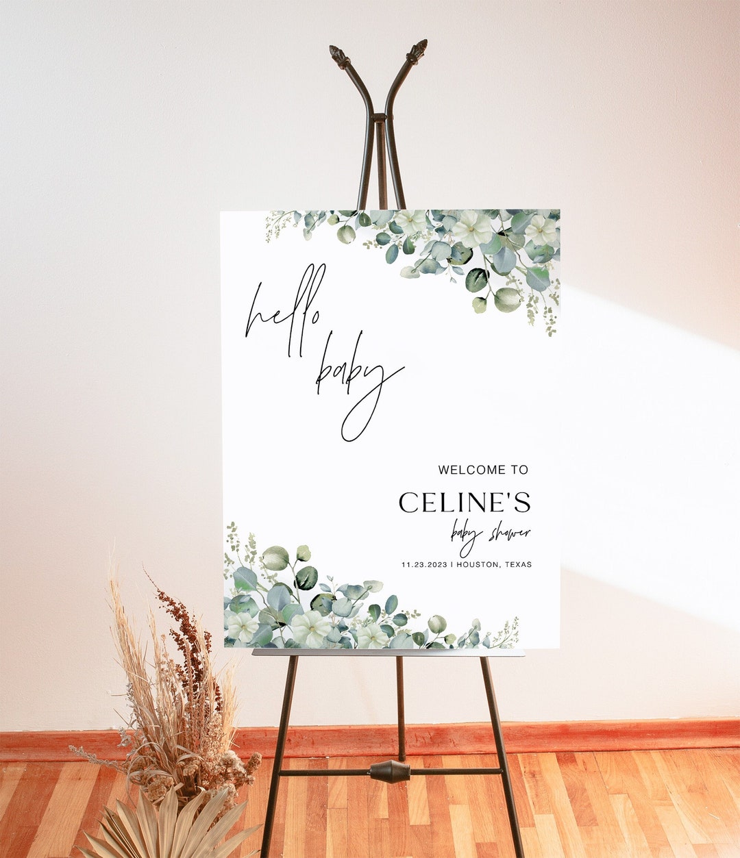 Modern Baby Shower Hello Baby Poster, Greenery Baby Shower Direction ...