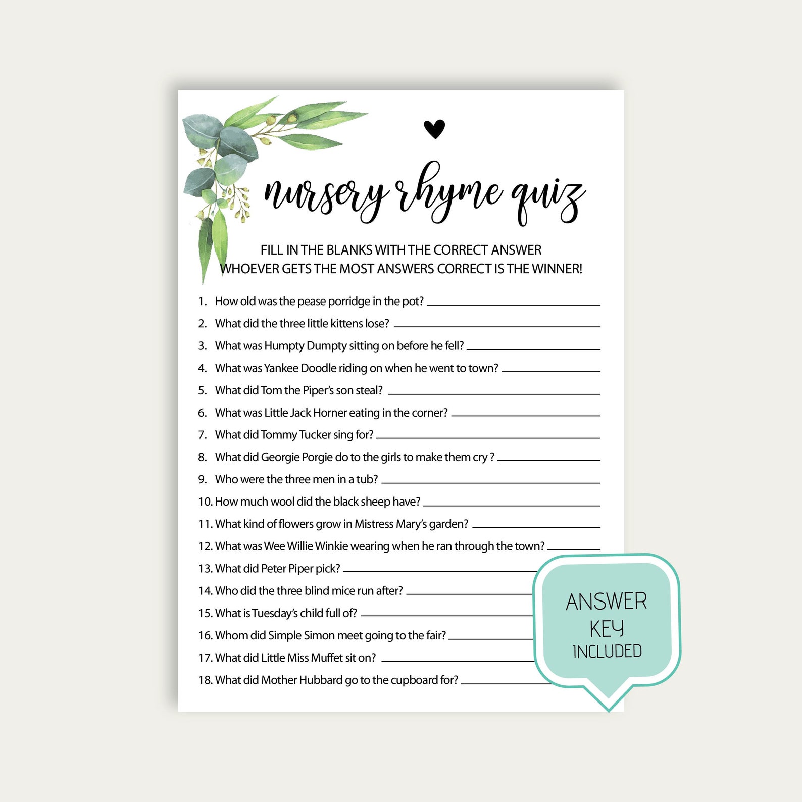Printable Nursery Rhyme Baby Shower Game Nursery Rhyme Quiz | Etsy