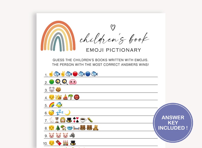 Children's Book Emoji Pictionary Game, Minimalist Baby Shower Game ...