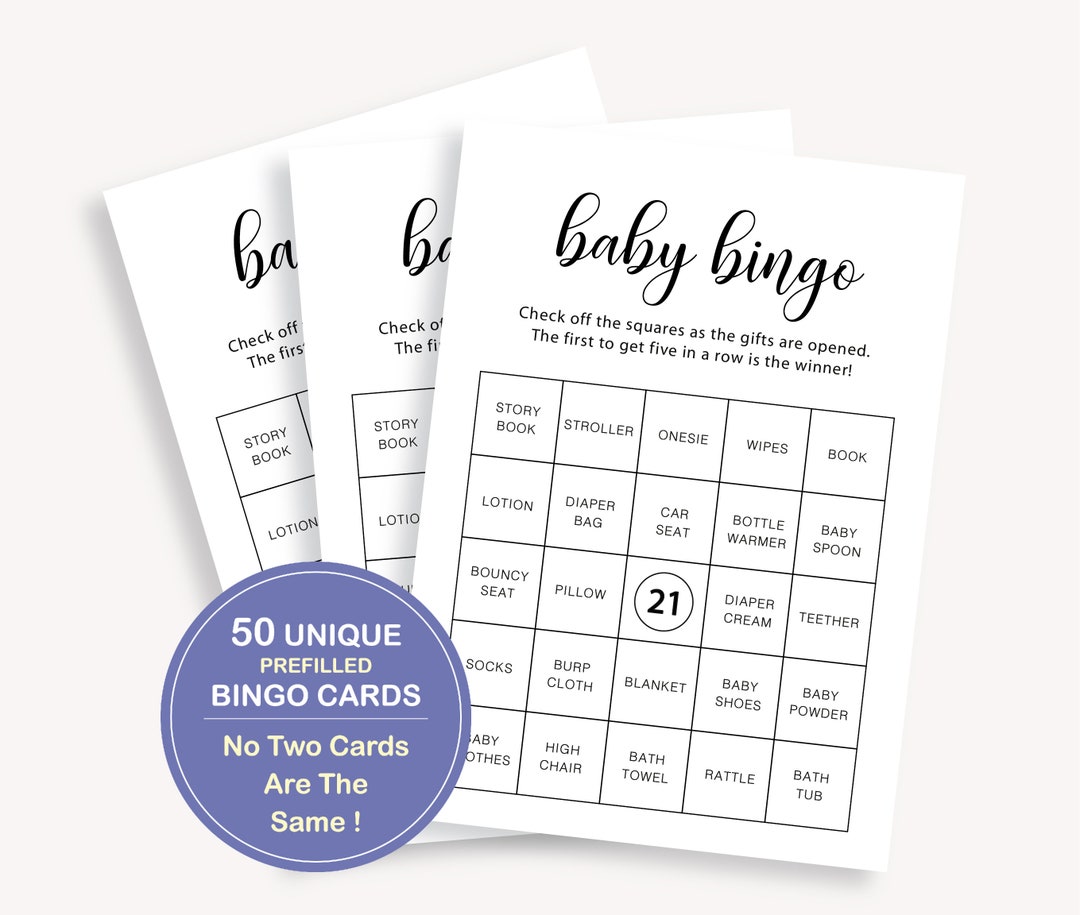 50 Prefilled Baby Shower Bingo Cards, Prefilled Baby Bingo Game Cards ...