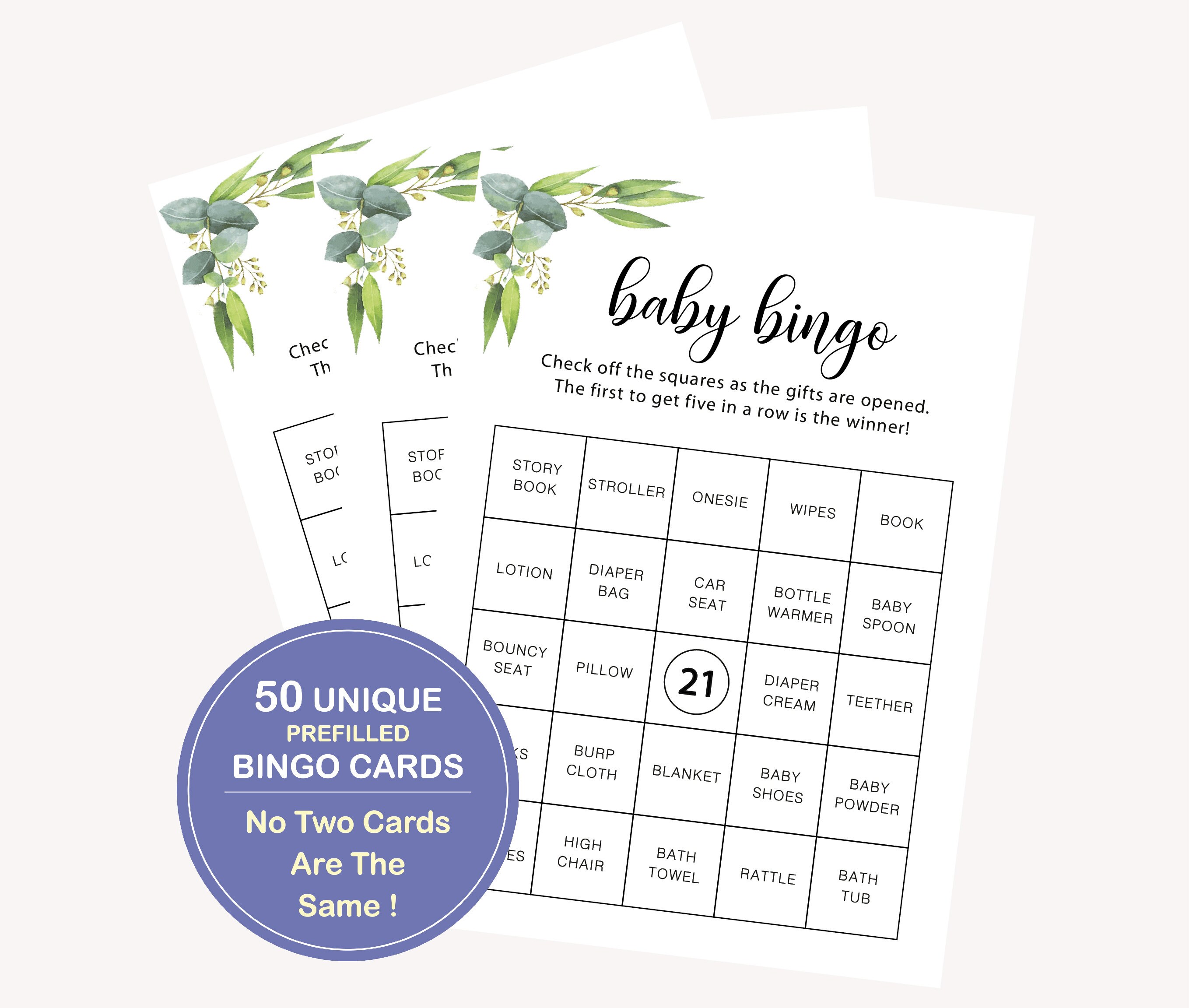 Prefilled Baby Bingo Game Cards Baby Gift Bingo 50 Unique - Etsy