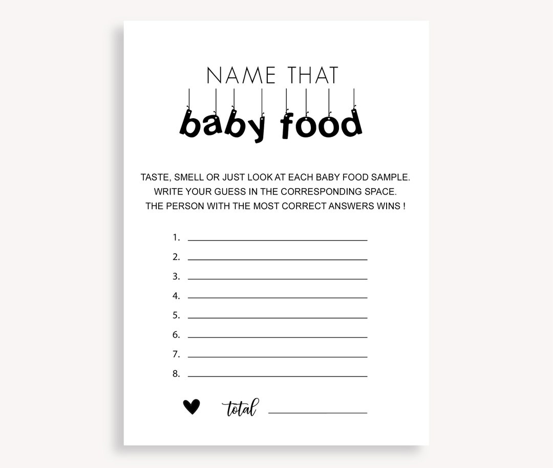 Name That Baby Food Guess, Printable Baby Shower Game, Black and White ...