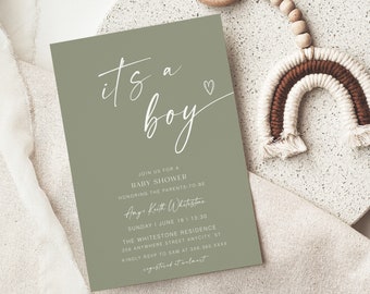 Minimalist Sage Green Baby Shower It's a Baby Boy Baby Shower Editable ...