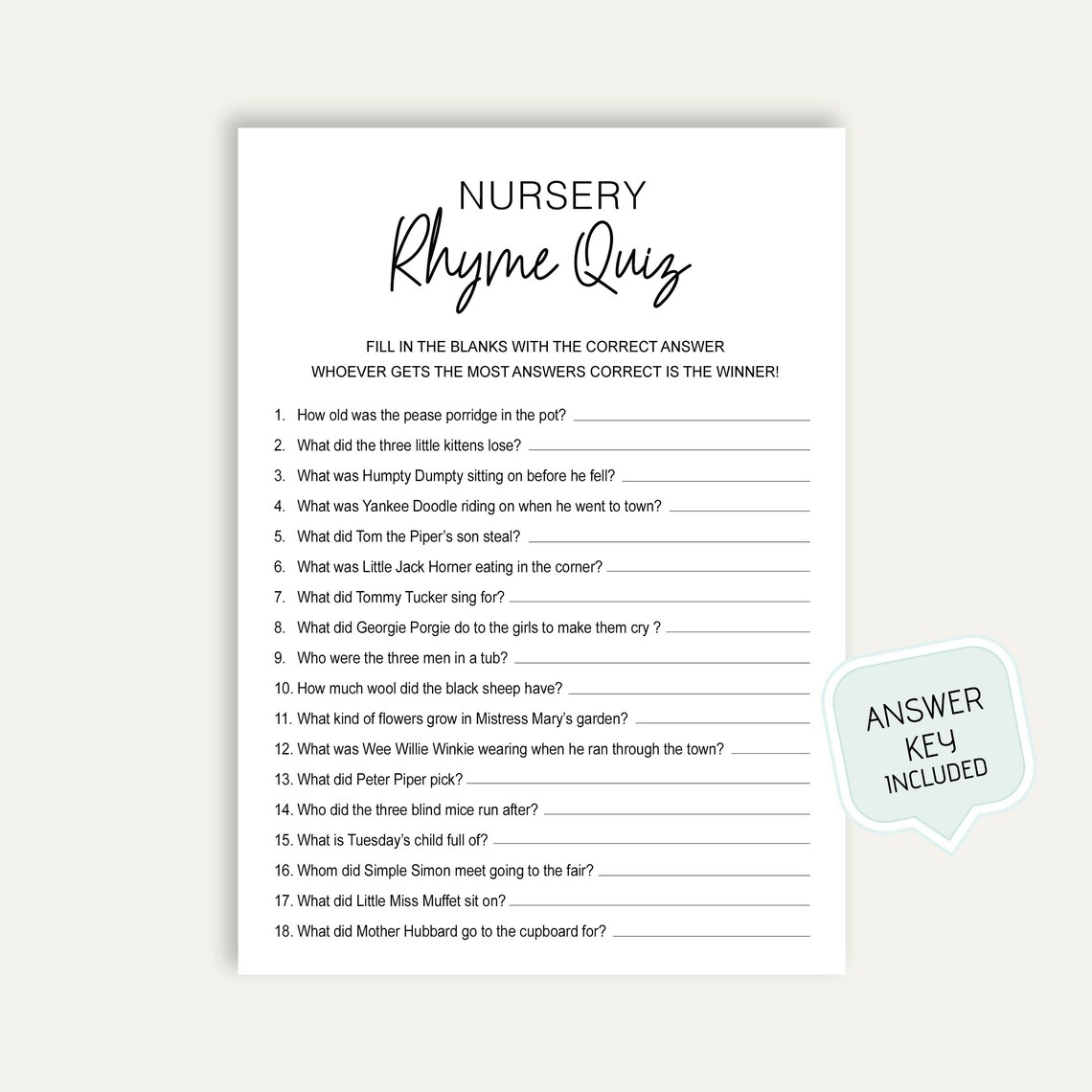 Nursery Rhyme Quiz Baby Shower Game Nursery Rhymes Game Fun - Etsy