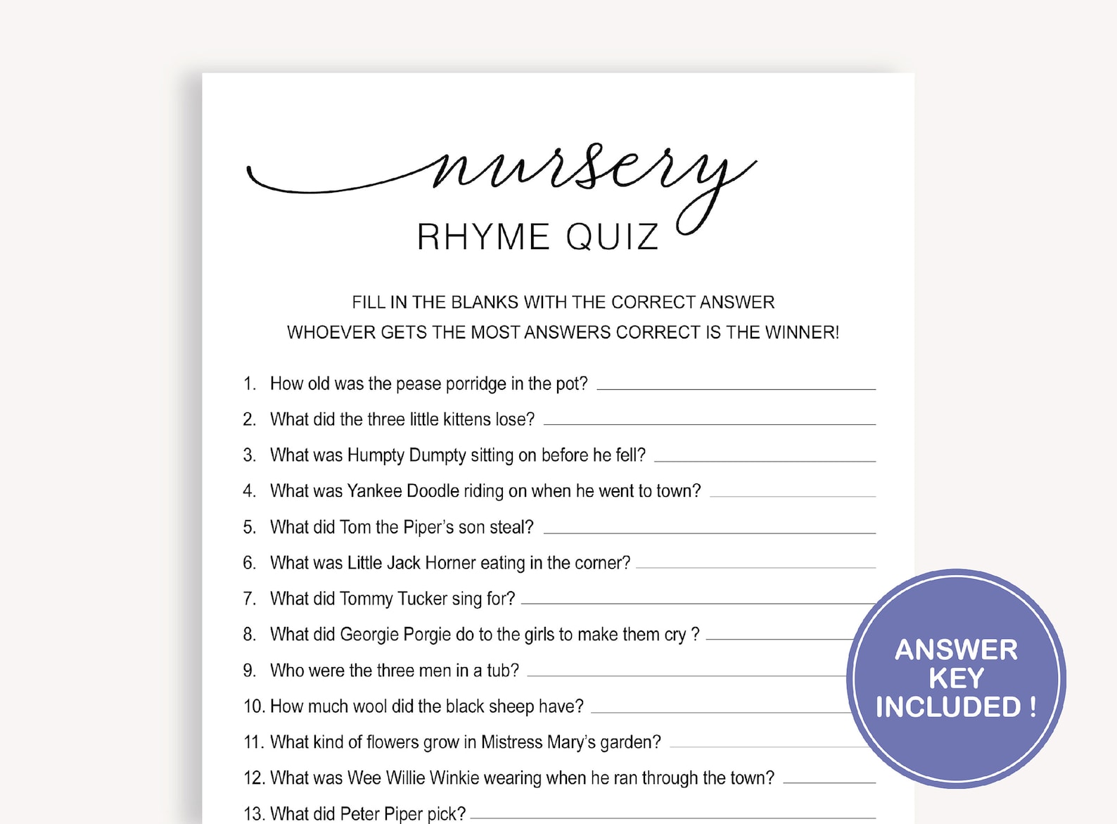 Nursery Rhyme Game Nursery Rhyme Quiz Game Guess That - Etsy