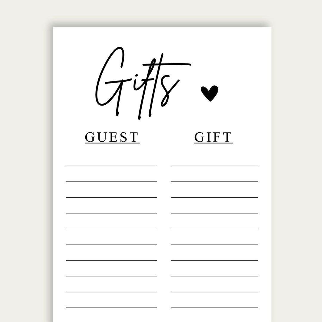 Wedding Gift List, Printable Bridal Shower Gift List, Guest Gift List ...