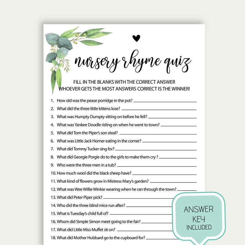 Printable Nursery Rhyme Baby Shower Game Nursery Rhyme Quiz - Etsy Canada