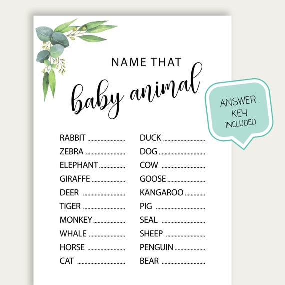 Baby Animal Baby Shower Game Instant Download Printable Name - Etsy