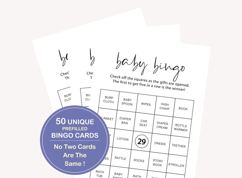 50 Unique Bingo Cards Baby Shower Bingo Game 50 Prefilled - Etsy