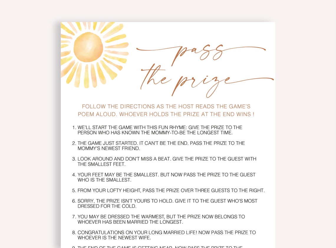 Sunshine Pass the Prize Poem Game, Boho Baby Shower Game, Pass the ...