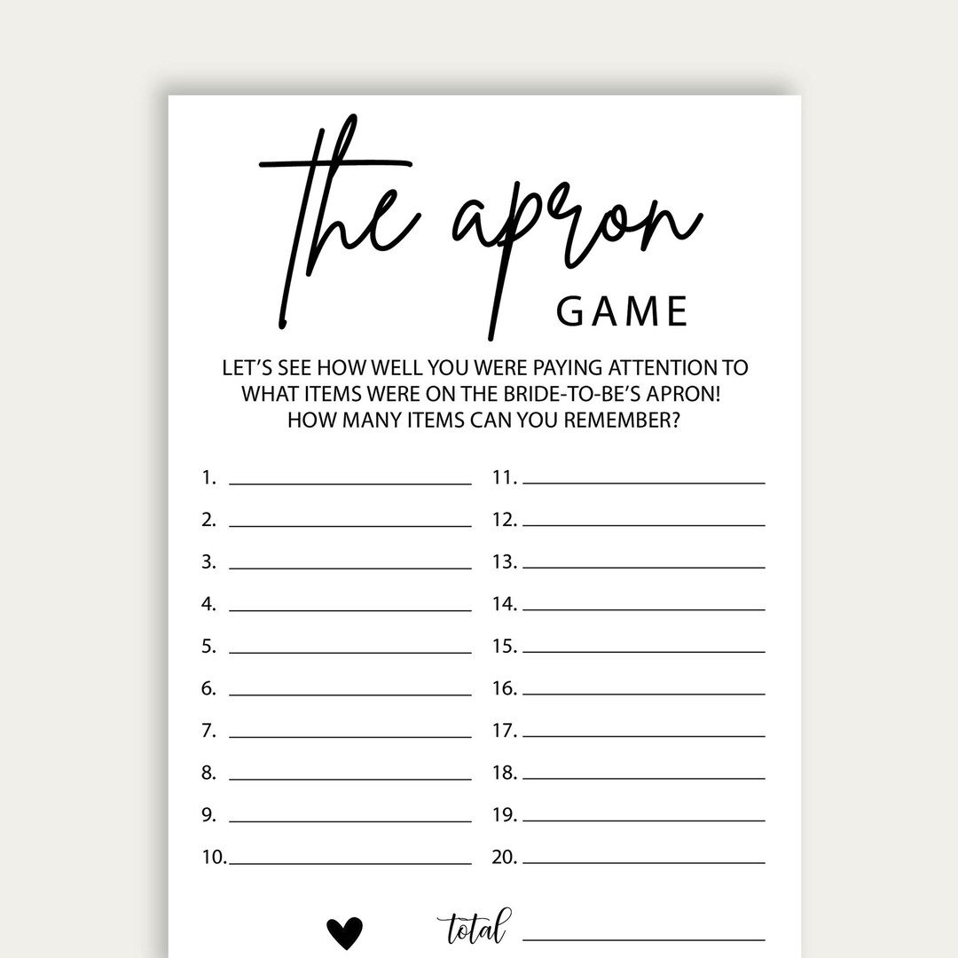 The Apron Game, Bridal Shower Memory Game, Bridal Shower Activity Games ...