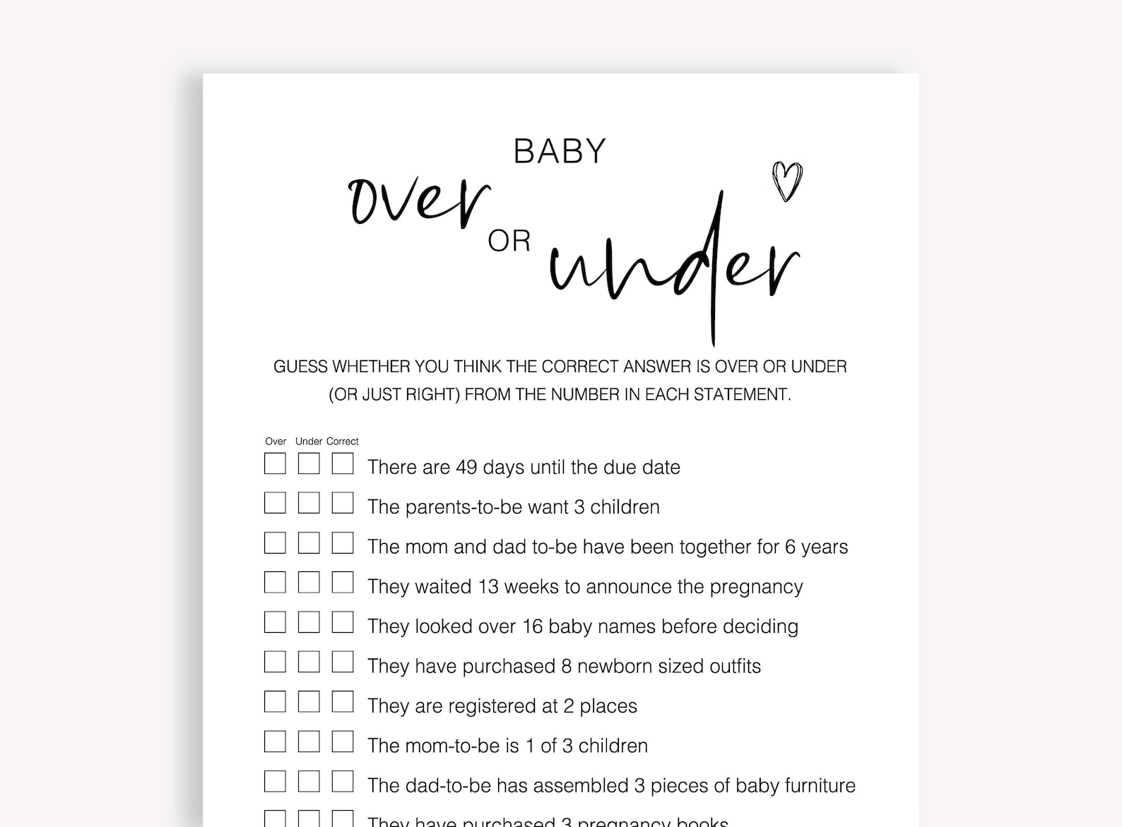 Printable Minimalist Baby Shower Game, Over or Under Trivia Game, Over ...