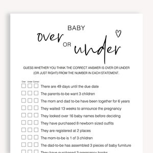 Printable Minimalist Baby Shower Game, Over or Under Trivia Game, Over ...