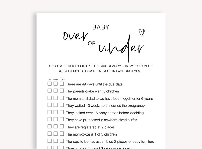 Printable Minimalist Baby Shower Game, Over or Under Trivia Game, Over ...