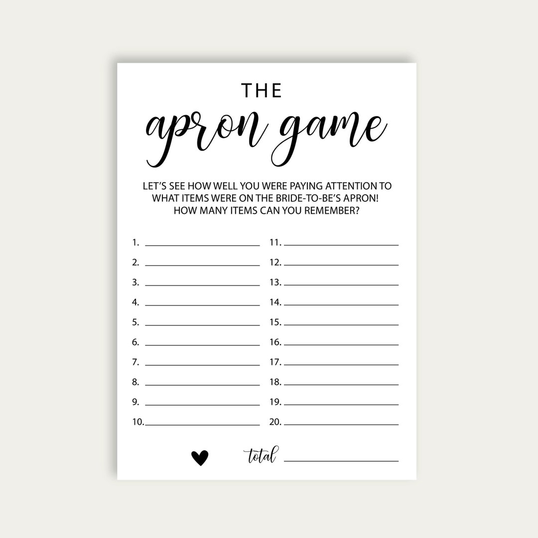The Apron Bridal Shower Memory Game, Ready to Print Bridal Shower Game ...