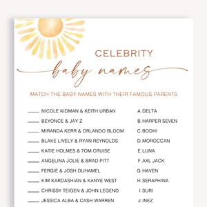 Baby Shower Celebrity Match, Baby Name Match Game, Sun Shower Celebrity ...