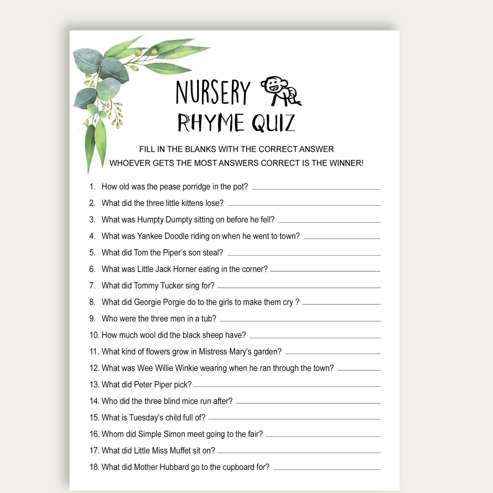 Baby Shower Nursery Rhyme Game Digital Nursery Rhyme Game - Etsy