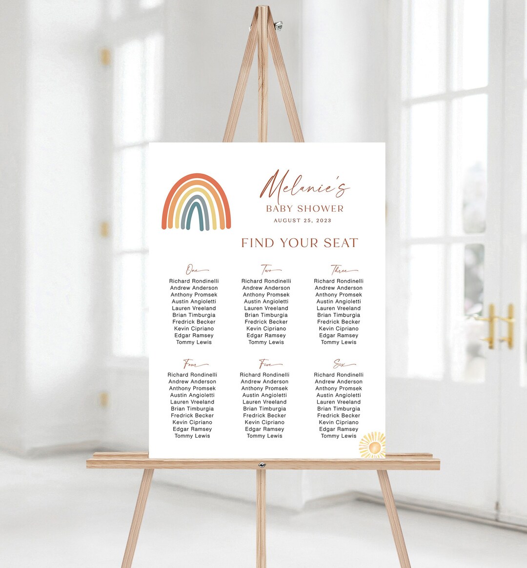 Sunny Baby Shower Alphabetical Seating Chart Sign, Rainbow Seating ...