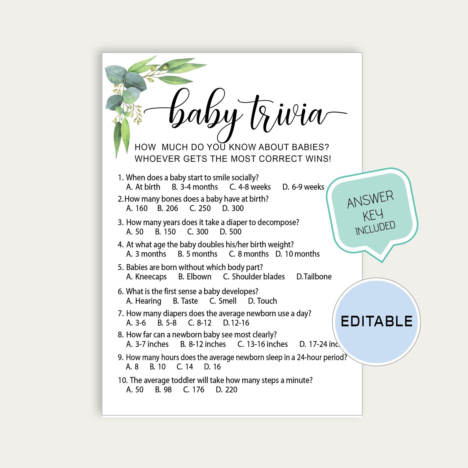 Editable Baby Trivia Game Baby Shower Trivia Game Printable - Etsy