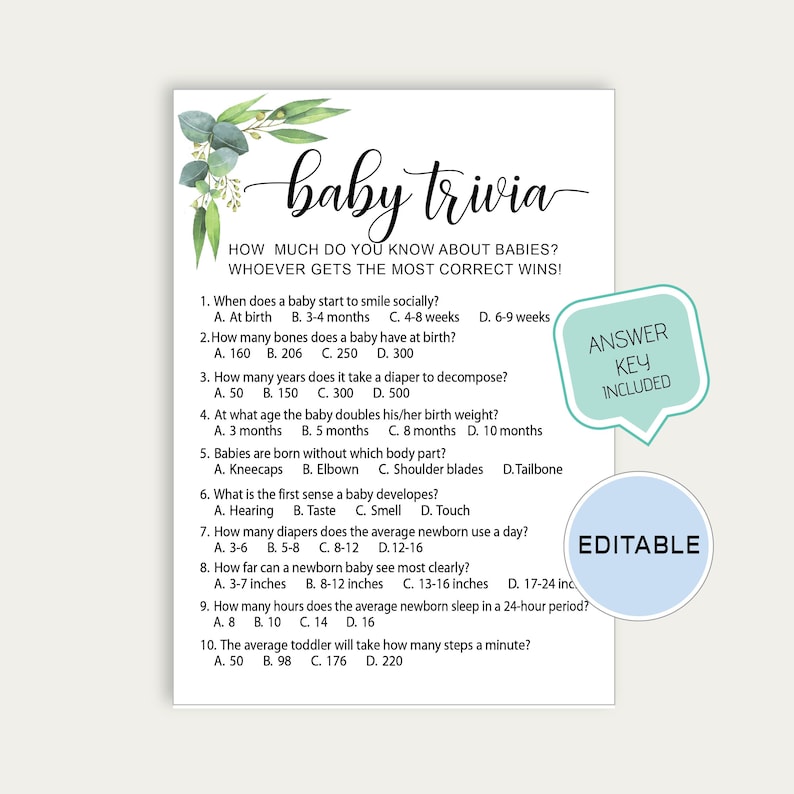 Editable Baby Trivia Game Baby Shower Trivia Game Printable - Etsy