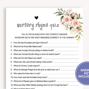 Nursery Rhyme Game, Nursery Rhyme Quiz Baby Shower Game, Nursery Rhymes ...
