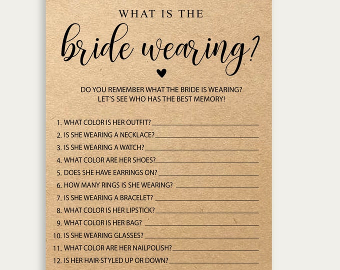What is the Bride Wearing Bridal Shower Game, Printable Bridal Shower ...