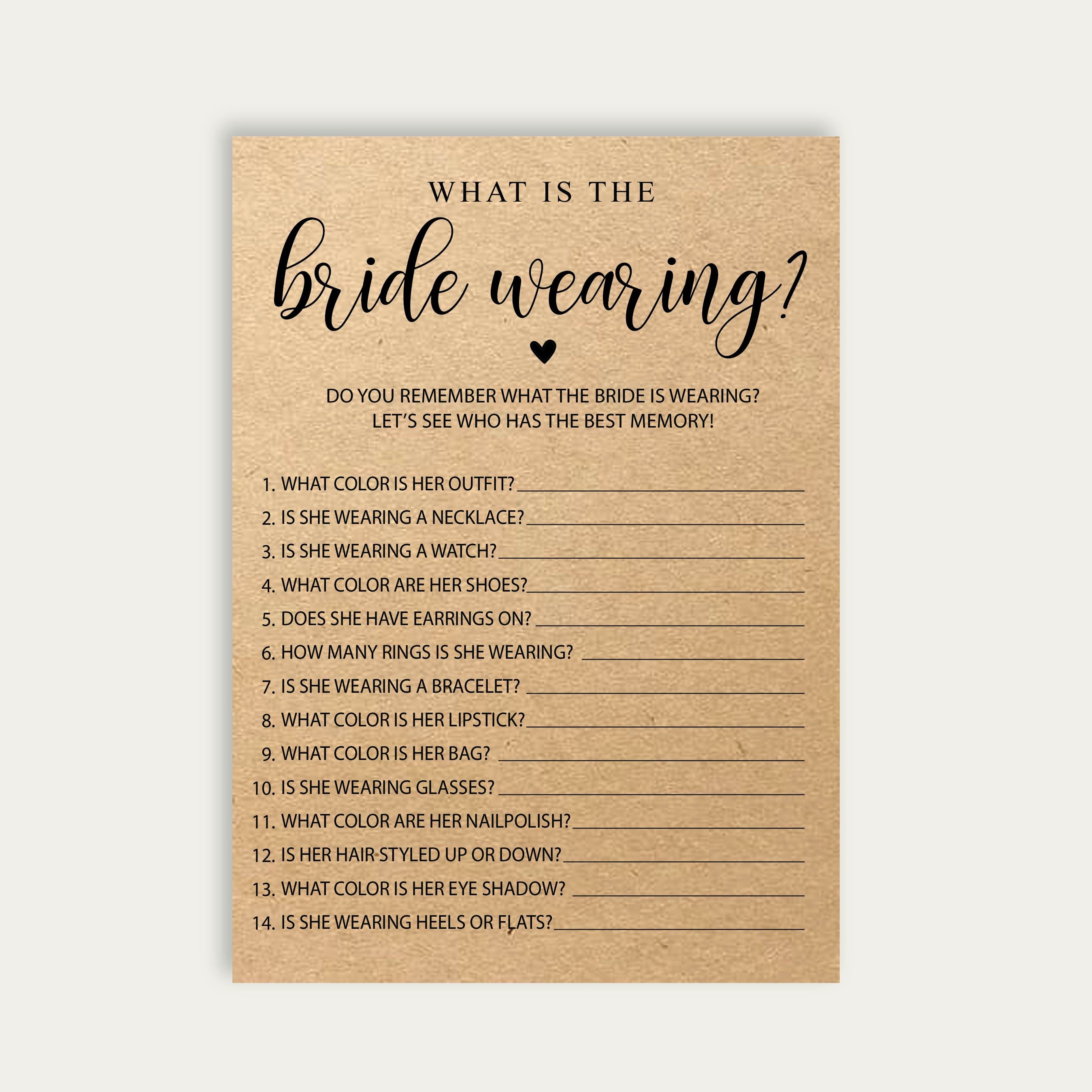 What is the Bride Wearing Memory Bridal Shower Game, What is the Bride ...