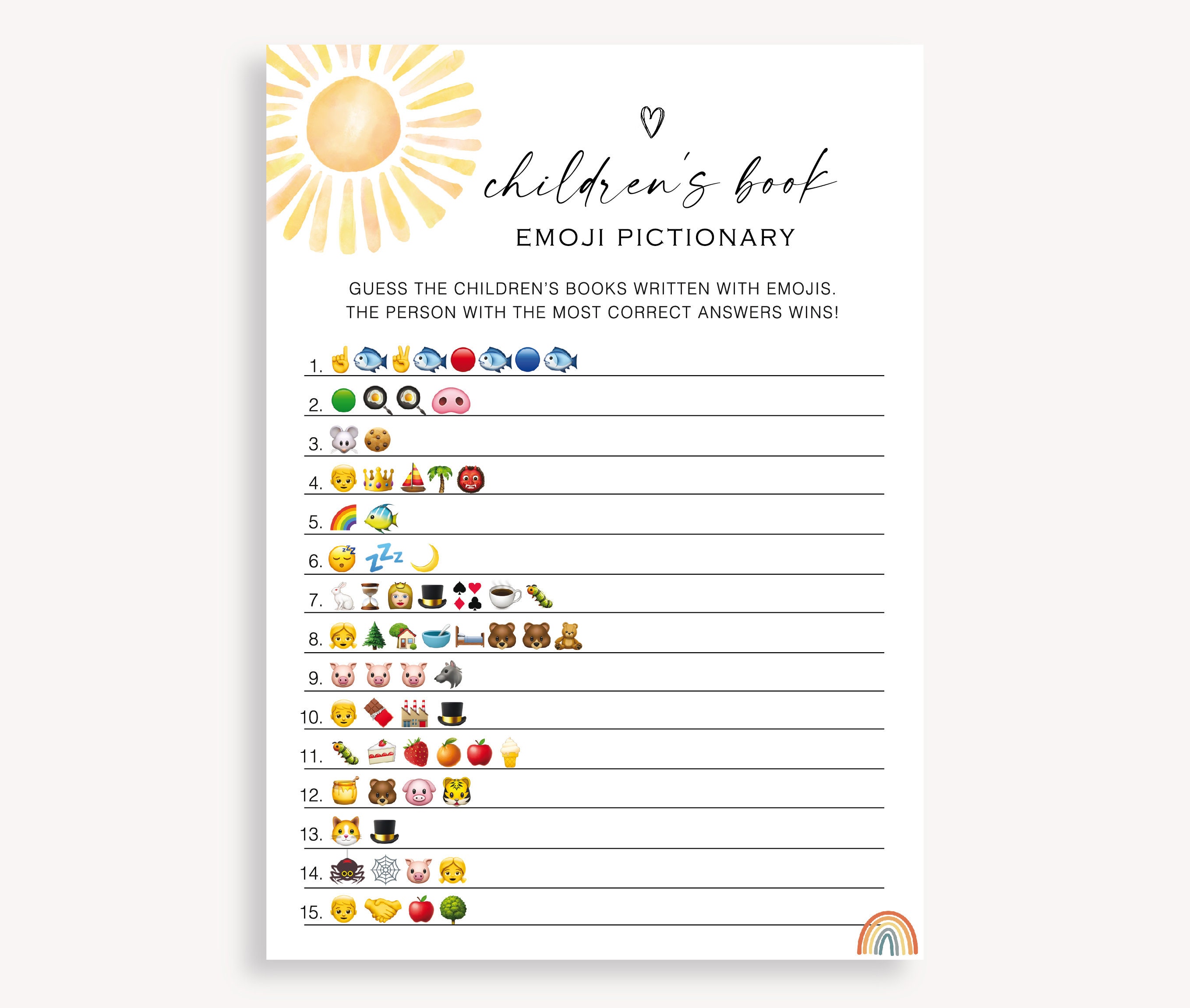 Summer Baby Shower Game, Baby Shower Emoji Picture Game, Modern Sun ...