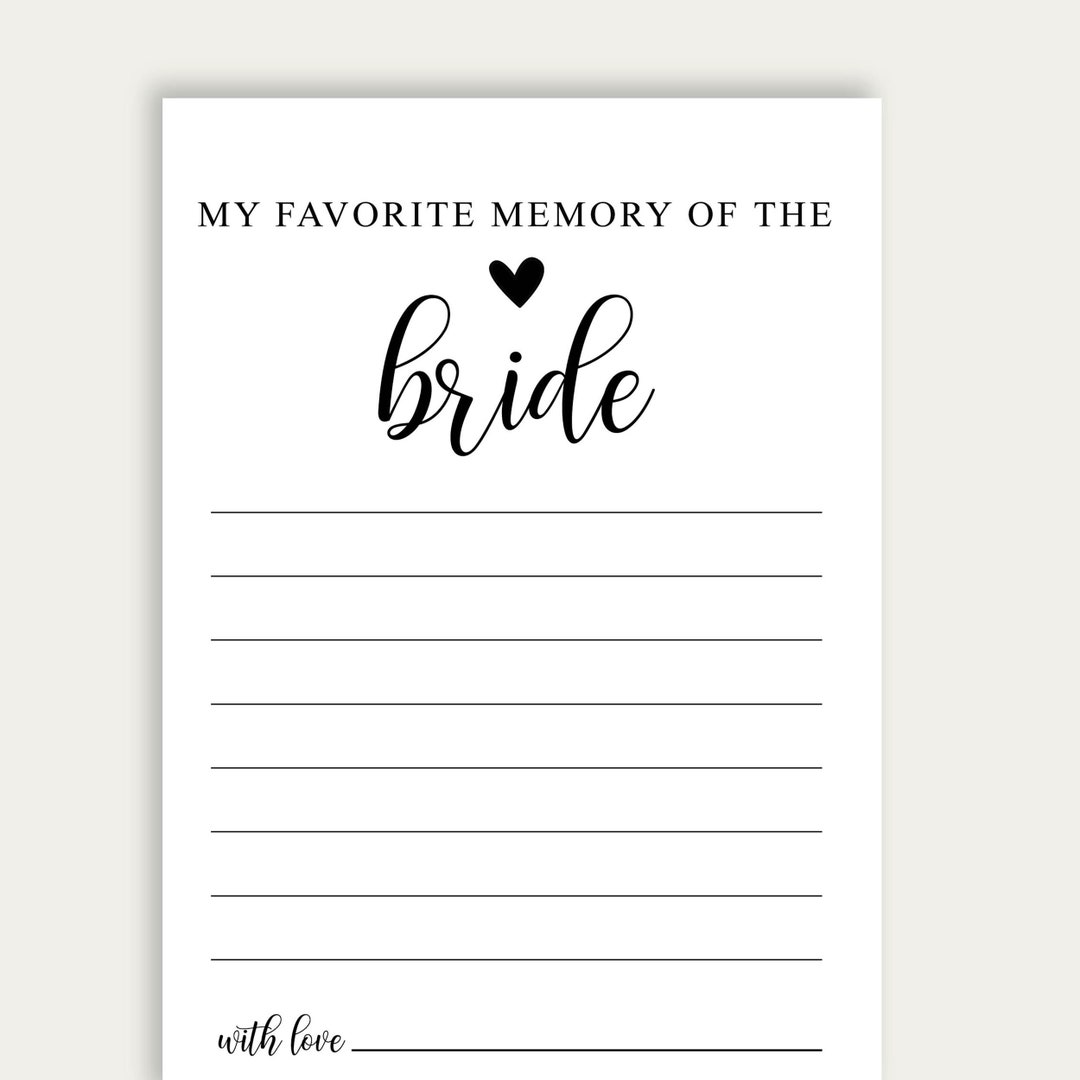 My Favorite Memory of the Bride to Be Cards, Virtual Bridal Shower Game ...
