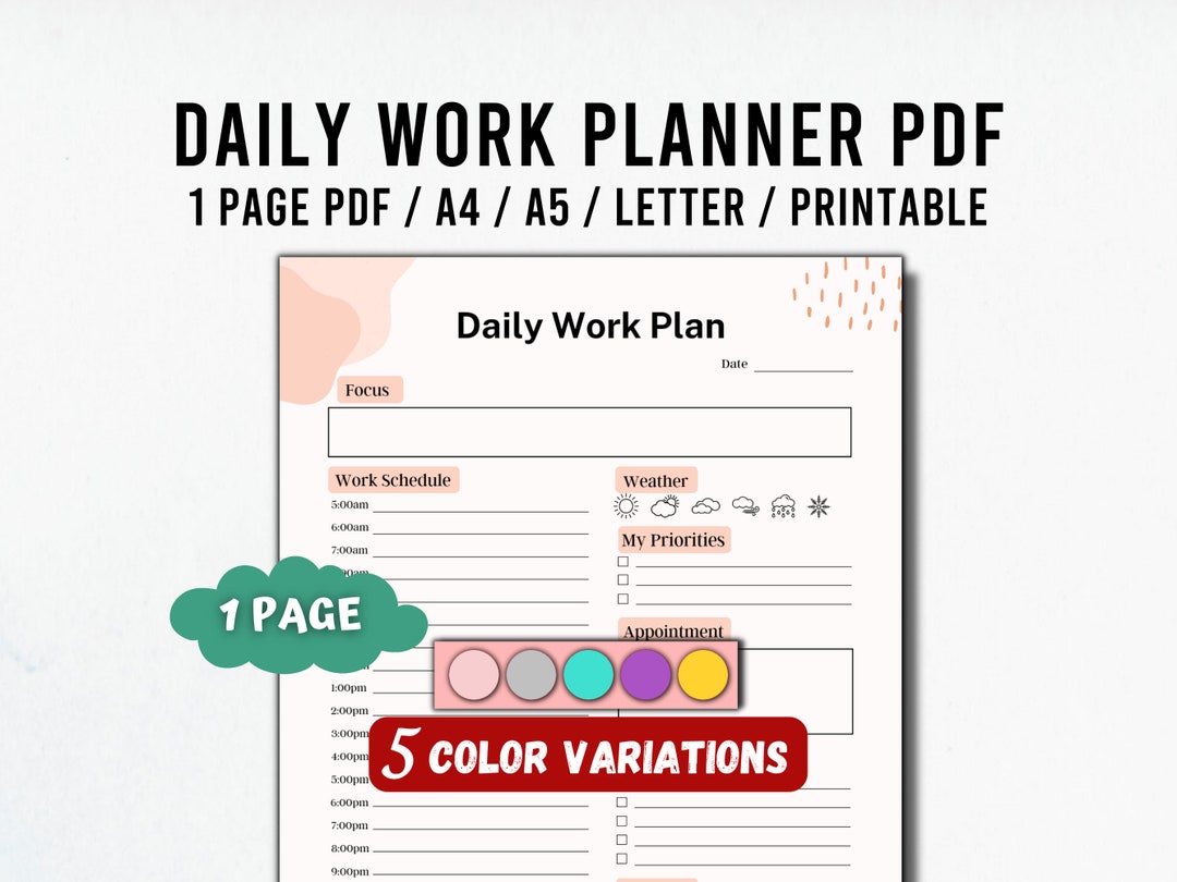 Daily Work Planner, Daily Checklist PDF, Work Day Organizer, Daily ...