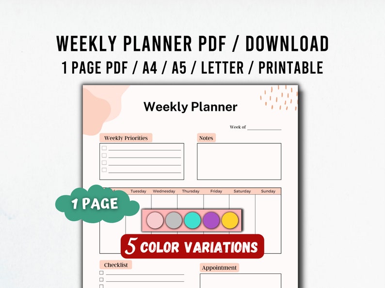 Weekly Planner Printable, Daily Checklist Pdf, Work Day Organizer ...