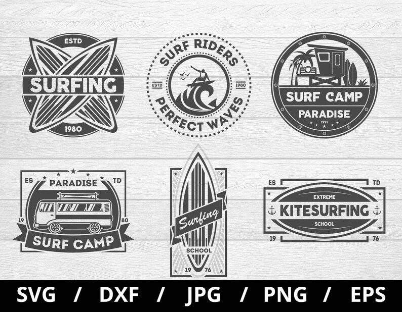 Surfing & Kitesurfing Logo Set, Wild Wave Emblems (svg, Eps, Dxf, Jpg ...