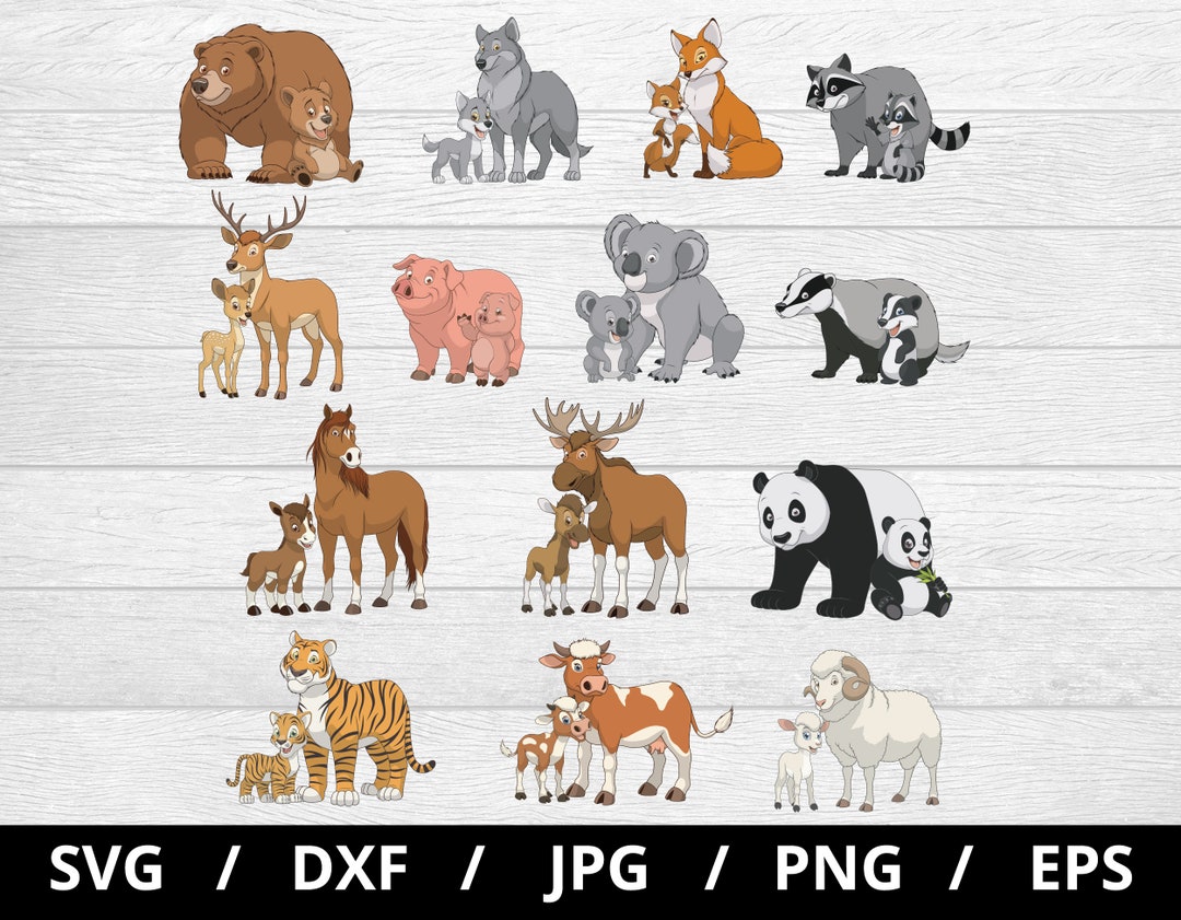 Cartoon Animal Family Illustration Sets Svg, Bear, Wolf, Fox, Deer, Pig ...