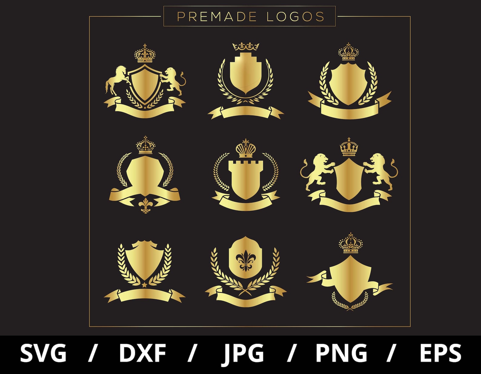 Royal Shields Badges Luxury Crest Label Sets Svg, Golden Crown Wing Svg ...