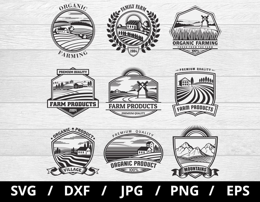Farm Village Logo Set, Organic Farming Illustration (svg, Eps, Dxf, Jpg ...