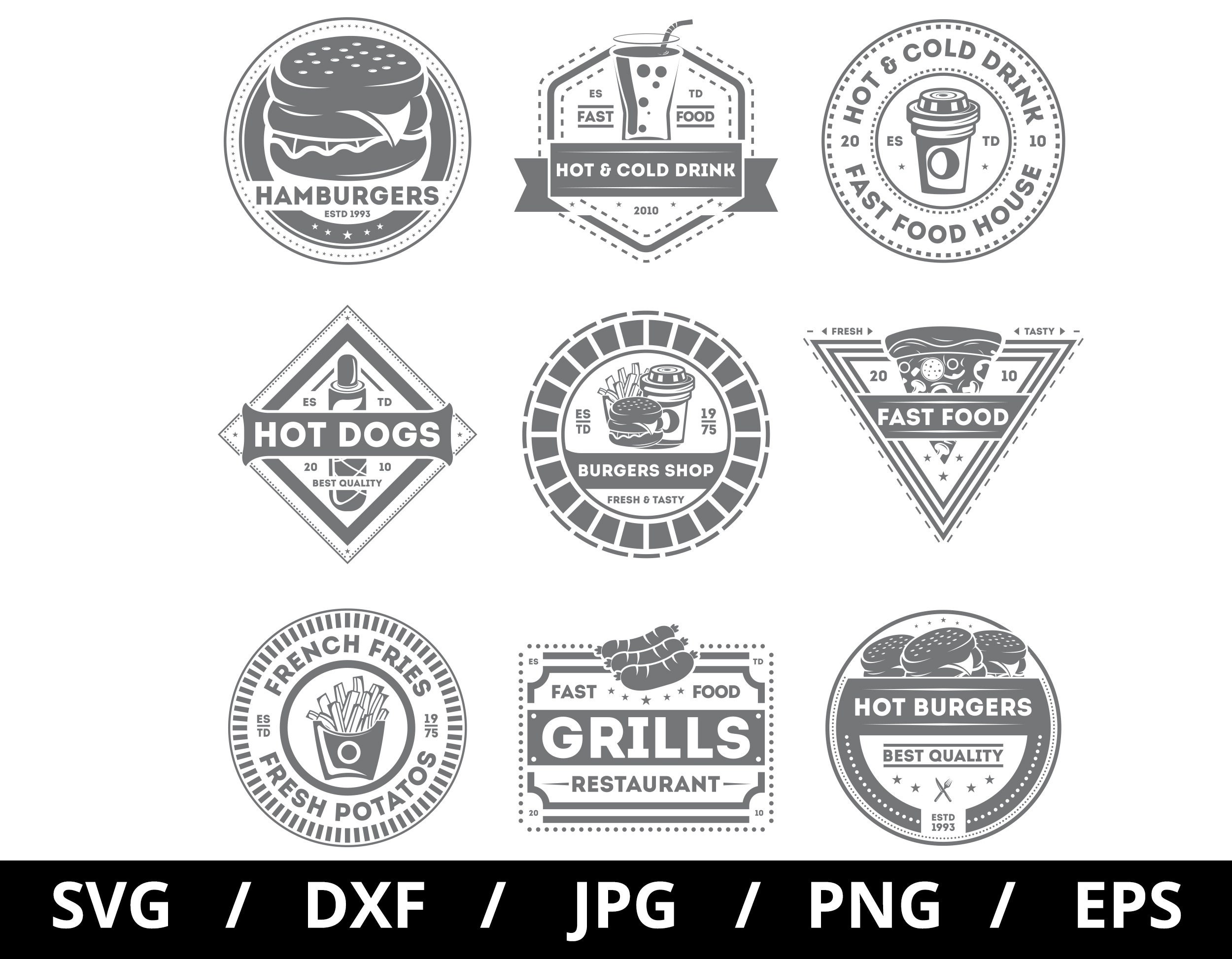 Fast Food Logo Sets Collection Illustration Svg, Hamburgers, Hot Dogs ...