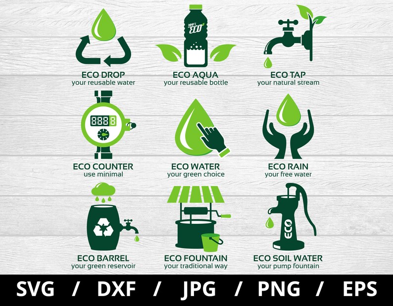 Ecology Green Icon Sets Illustration Svg, Eco Water, Drop, Tap, Counter ...