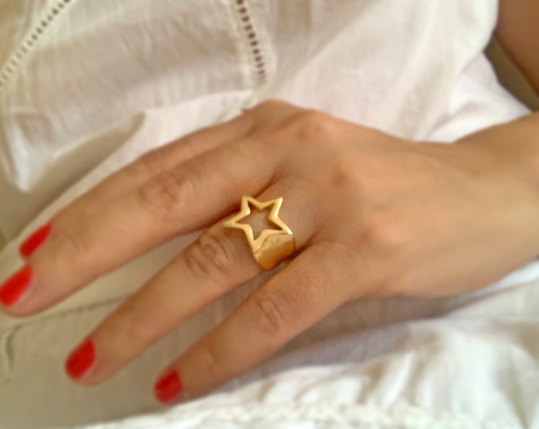 Gold Star Ring, Open Chunky Star Ring, Daily Starring, Adjustable Brass ...