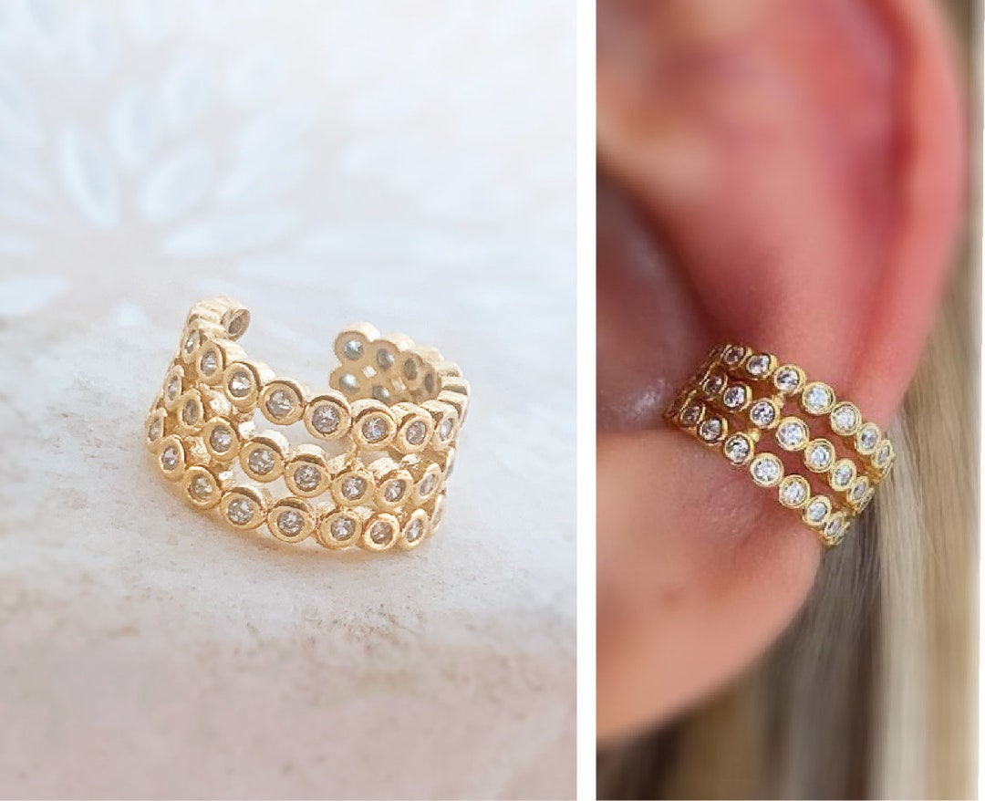 CZ Ear Cuff, Three Row CZ Ear Cuff, Gold Ear Cuff, No Pierced Ear Cuff ...